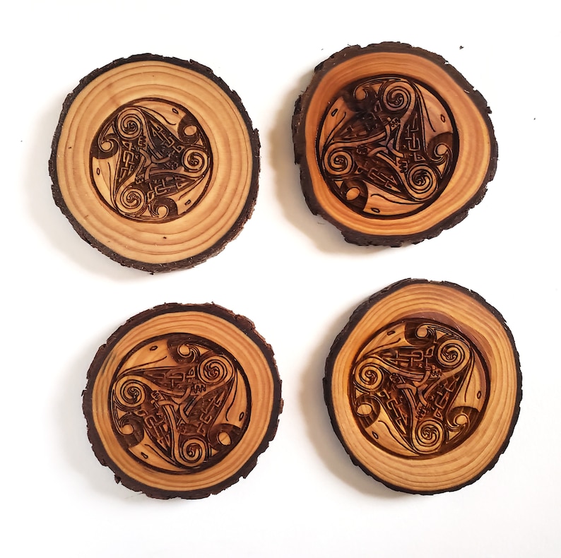Celtic Triple Raven Triskelion Natural Wood Slice Coaster Set of 4 ...
