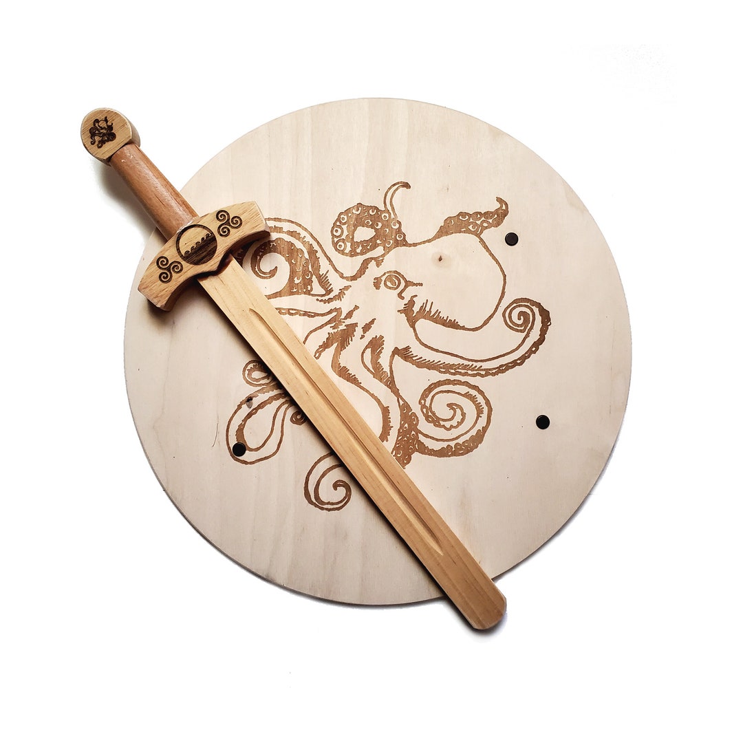 Octopus Sword and Shield Wooden Set, Free Name Engraving, Solid Wood ...