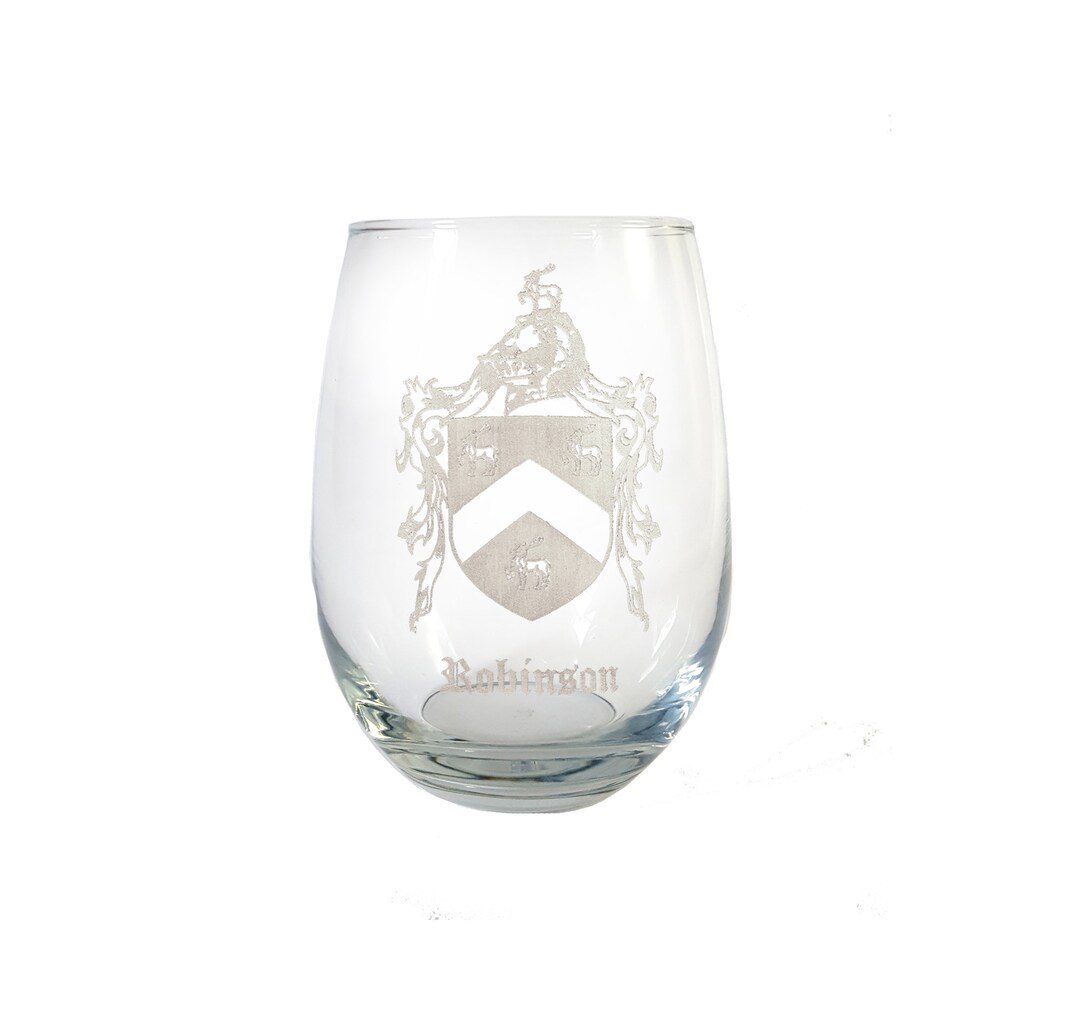 Robinson English Family Coat of Arms Clear Stemless Wine Glass 18 Oz ...