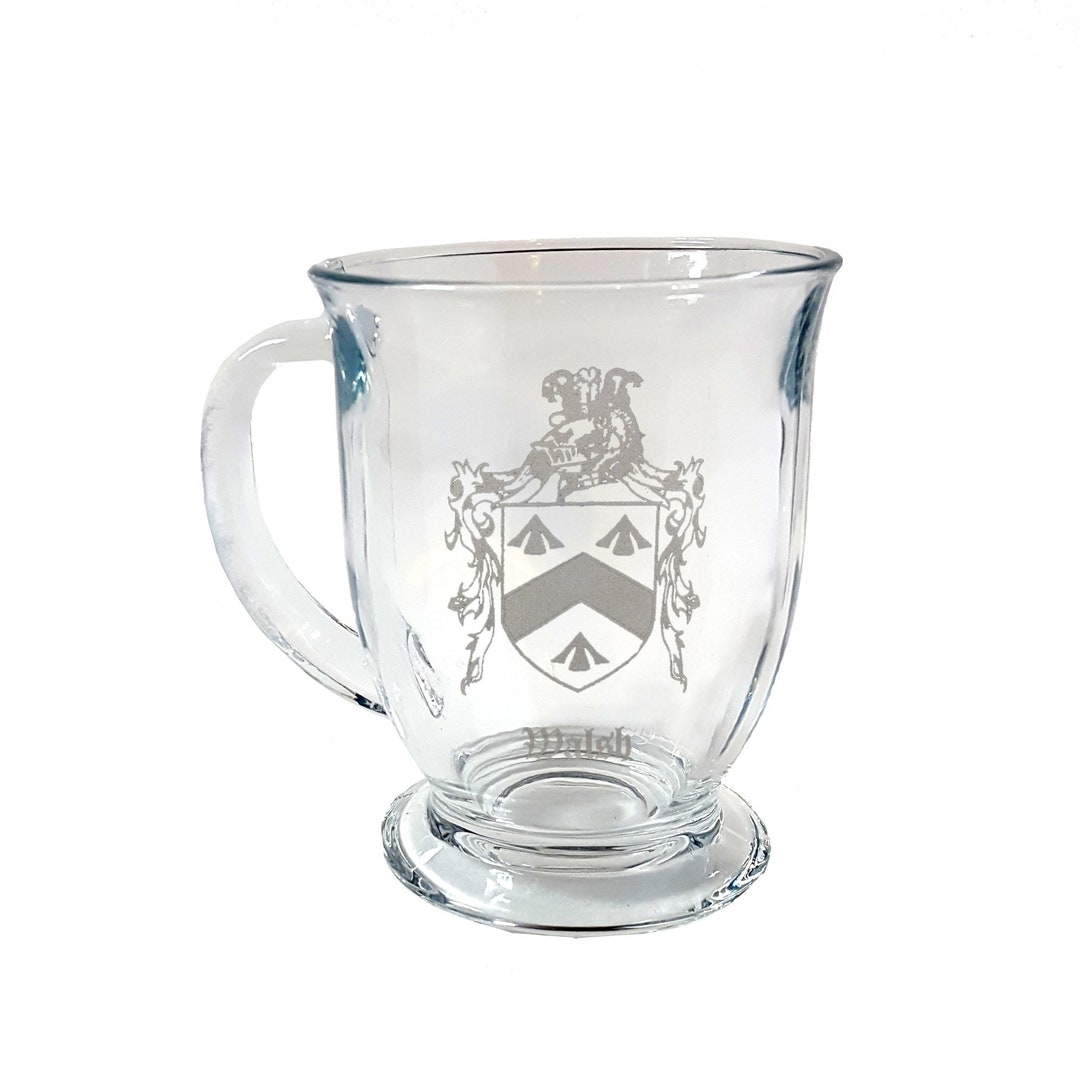 Custom Family Crest Engraved Glass Coffee Mug, Family Heirloom Coat of ...