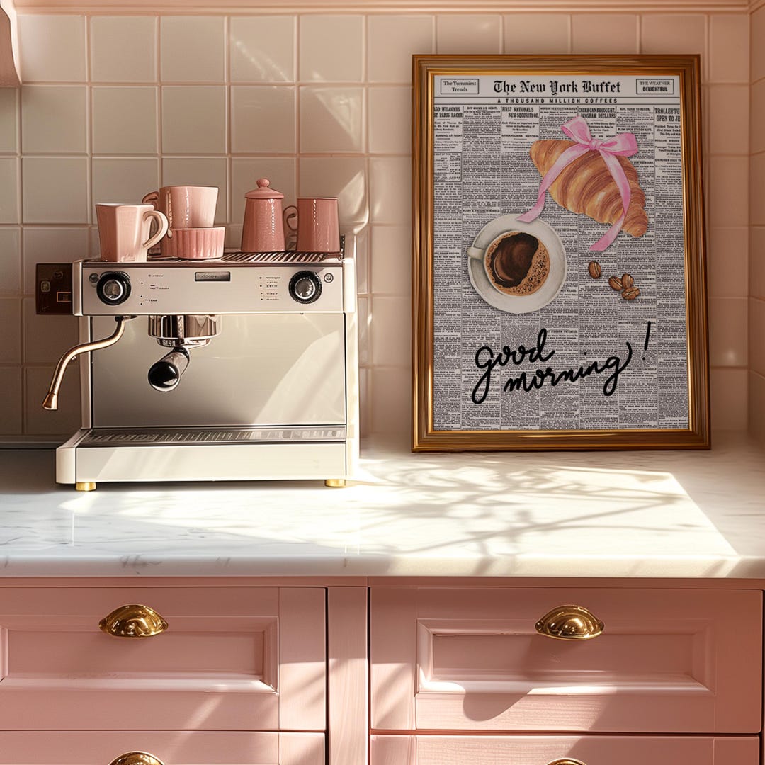 Good Morning Coffee Print, Cute Croissant Poster, Pink Bow Newspaper ...