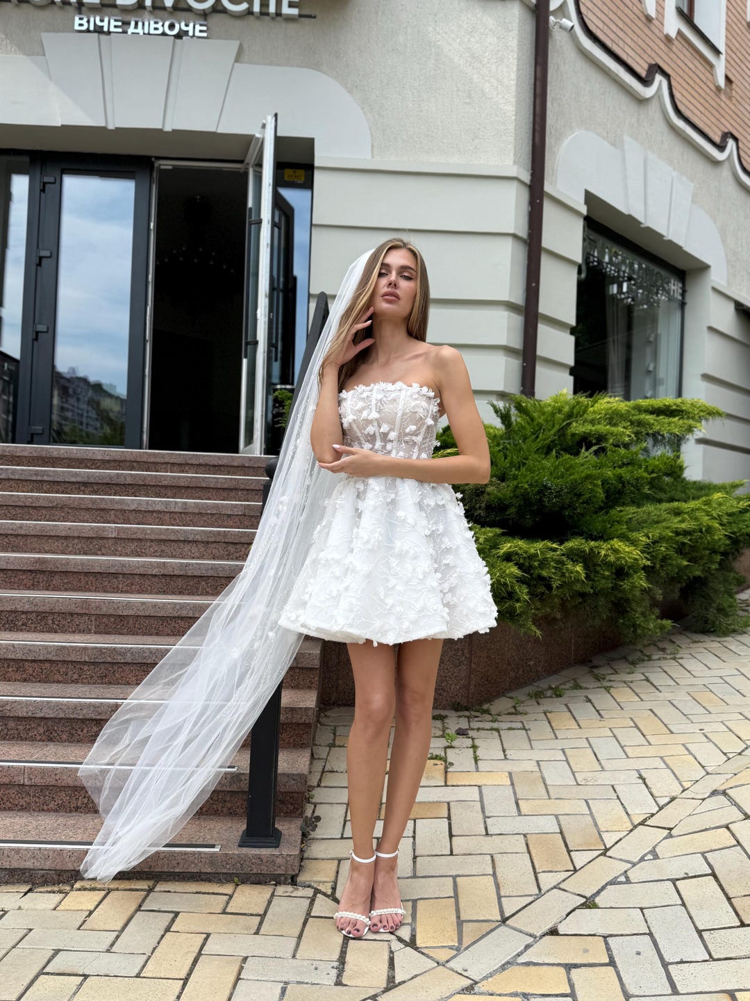Mini Wedding Dress With 3D Flowers, Strapless Corset Bridal Dress ...