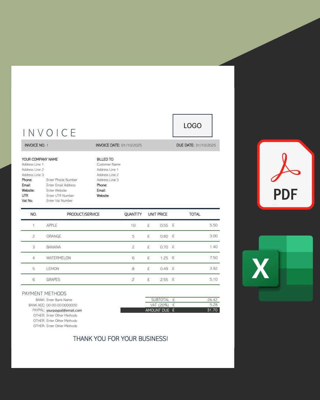 UK Invoice Template: Automated Excel, VAT Ready (PDF Instructions ...