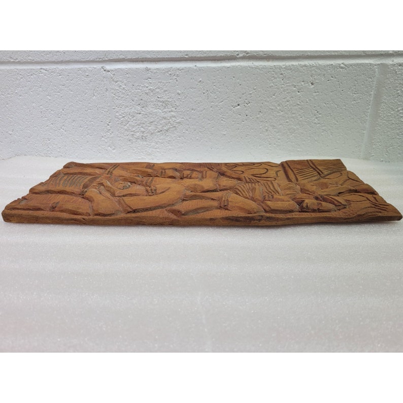 Vintage Hand Carved Wooden Wall Hanging Decor People Working Coconut 3D ...