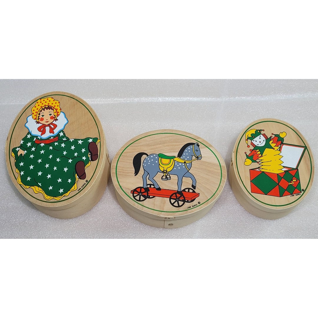 Lynn Gates Nesting Box Set of 3 Oval Painted Toys Doll Rocking Horse ...