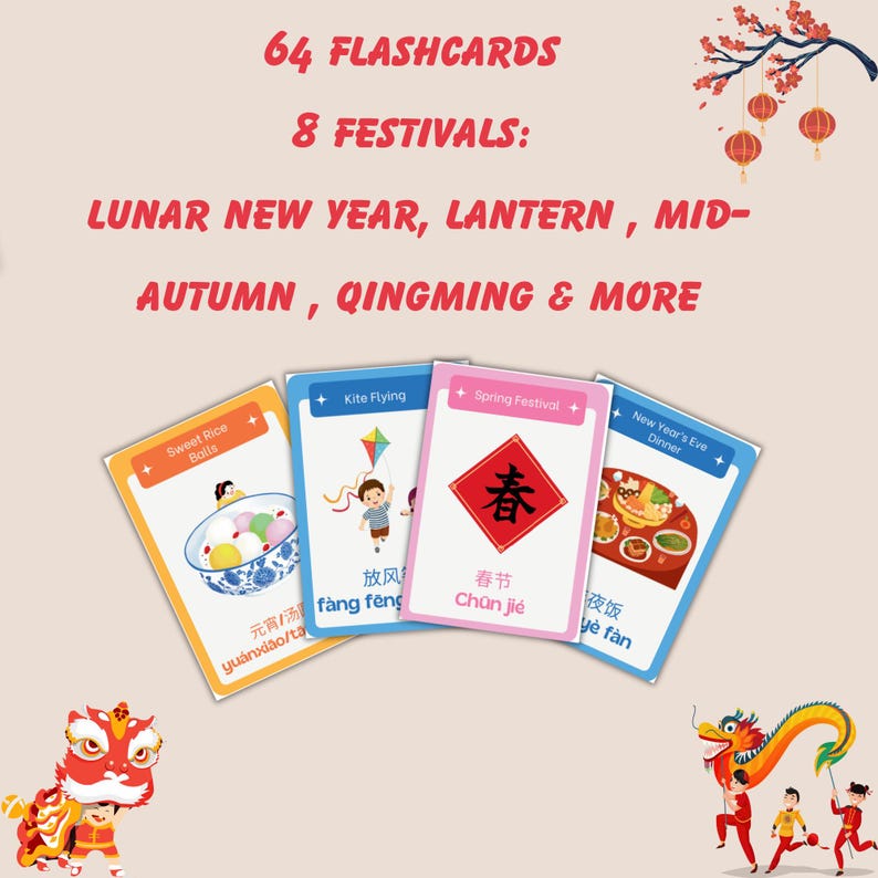 Chinese Festivals Flashcards Bundle | 64 Printable Learning Cards | 8 ...