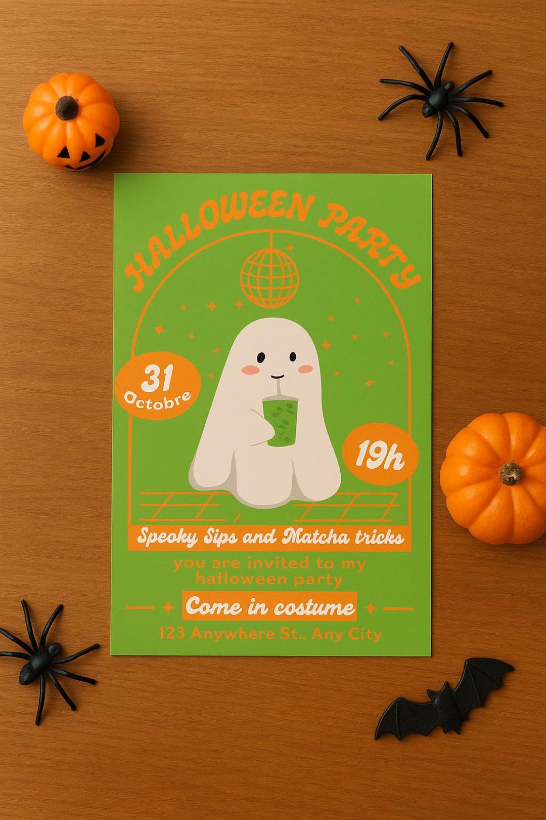 Halloween Matcha Party Invitation Template, Ghost Sipping Matcha ...