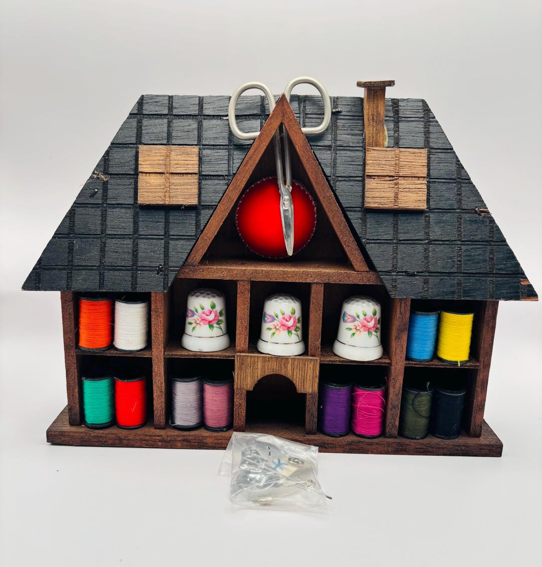 Vintage Wooden House Sewing Kit With Thread, Thimbles, Scissors With ...