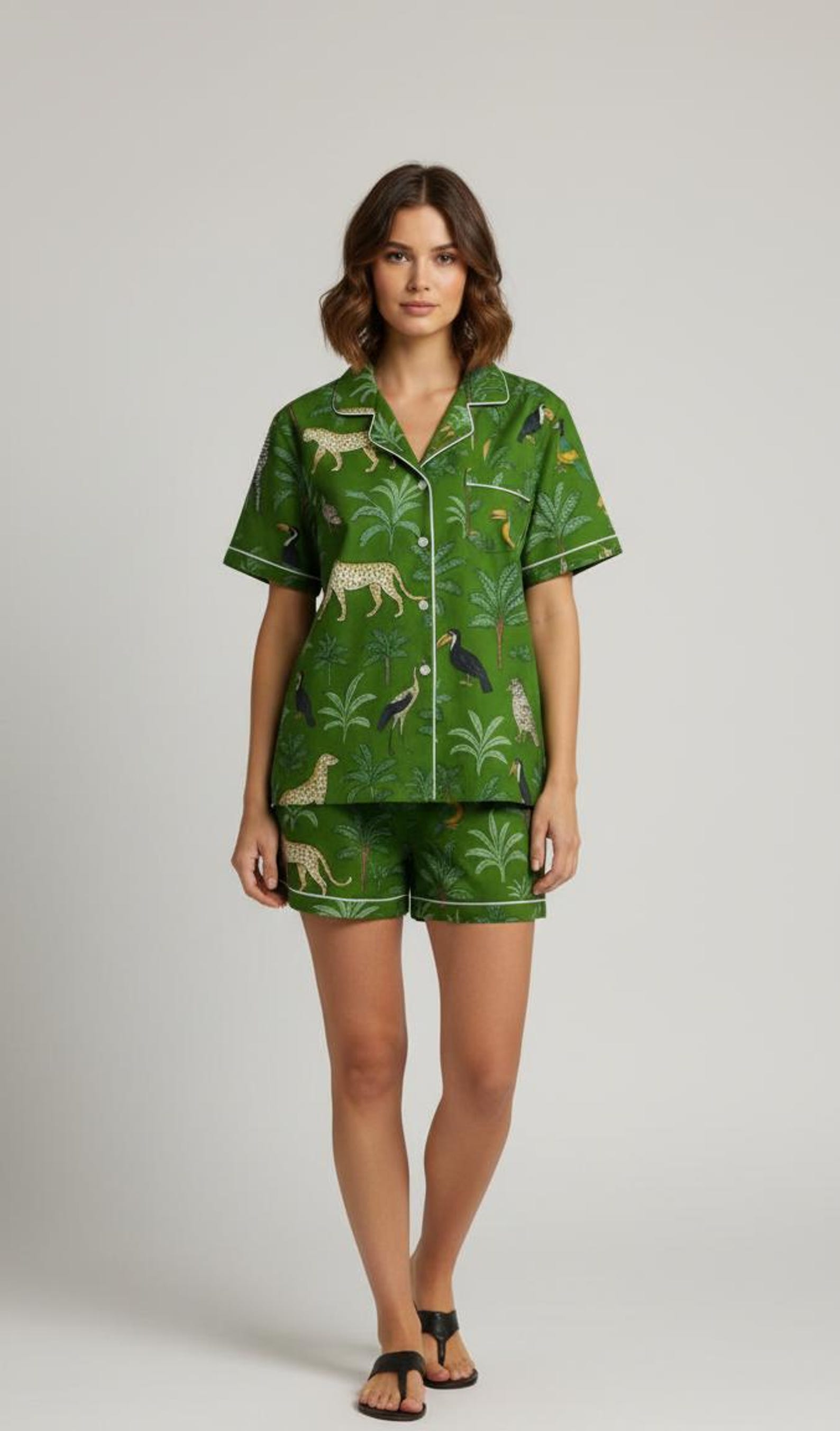 Hand Block Printed Cotton Pajama Set: Green Jungle Cheetah Print ...