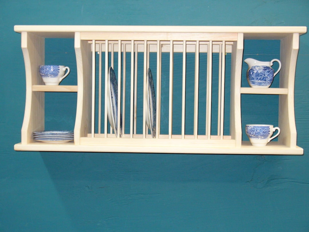 NEW* Split Shelf Cabinet Wall Counter Wood Plate Dish Rack Mugs Glasses ...