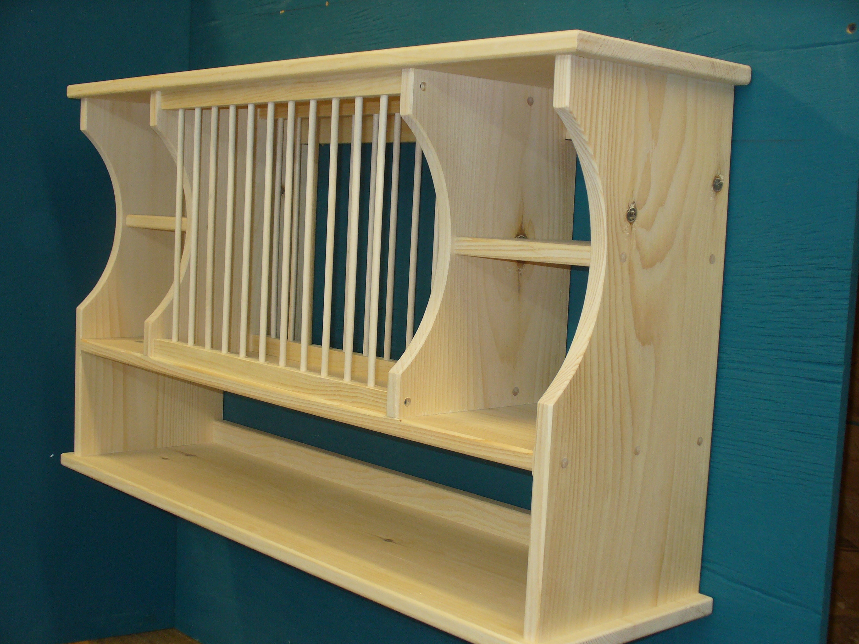NEW Deluxe Split Shelf Cabinet Wall Counter Wood Plate Dish Rack Mugs ...