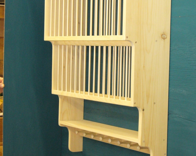 NEW Deluxe Split Shelf Cabinet Wall Counter Wood Plate Dish Rack Mugs ...