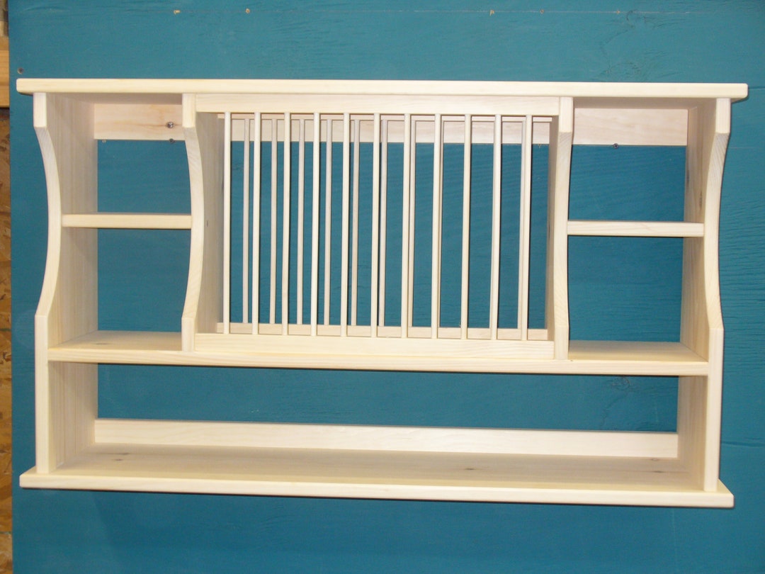 NEW Deluxe Split Shelf Cabinet Wall Counter Wood Plate Dish Rack Mugs ...