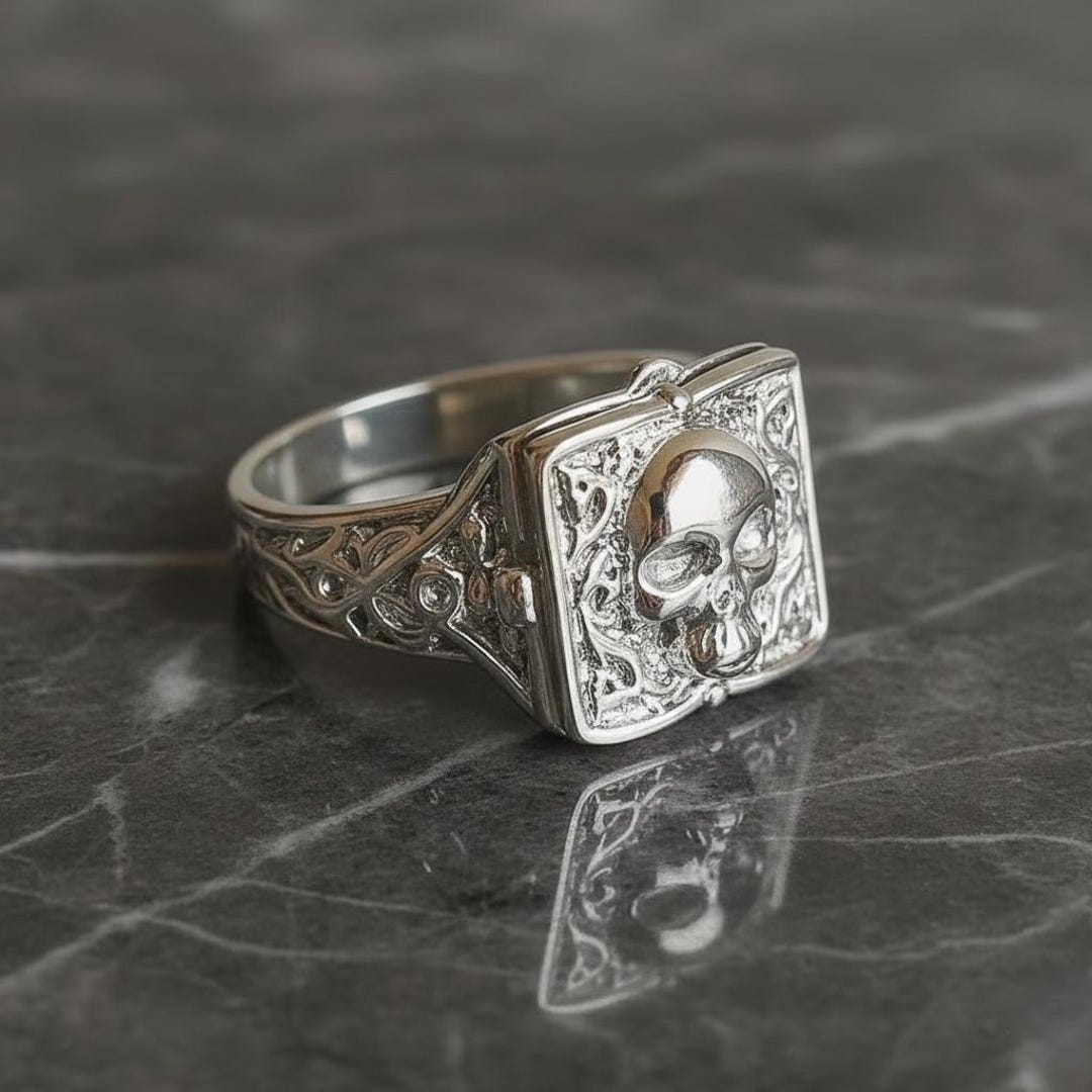 Skull Signet Poison Box Ring - Sterling Silver Locket Ring - Gothic ...