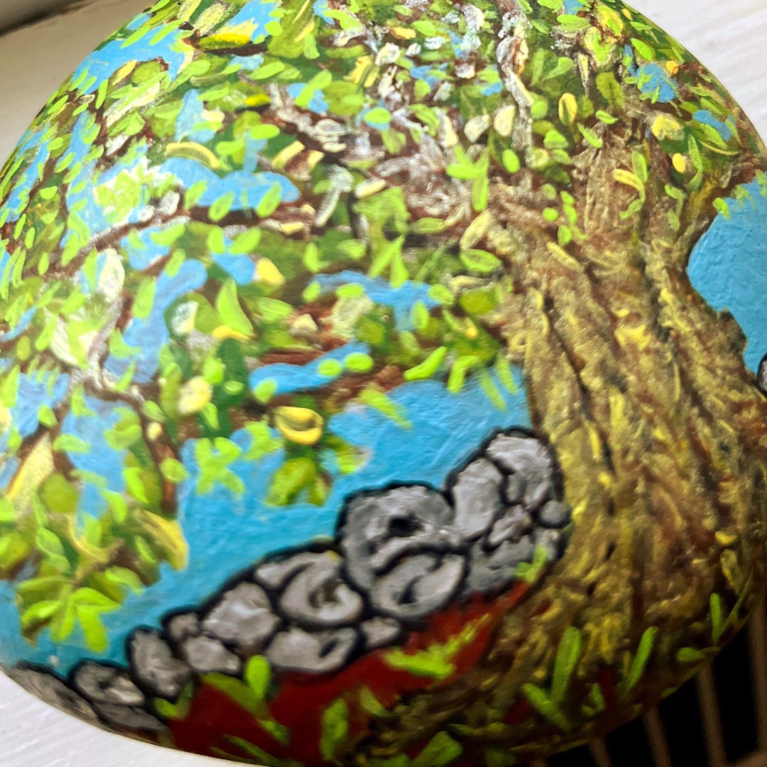 Hand Painted Rock Art, Pastoral, Tree With Rock Wall, Acrylic Paint ...