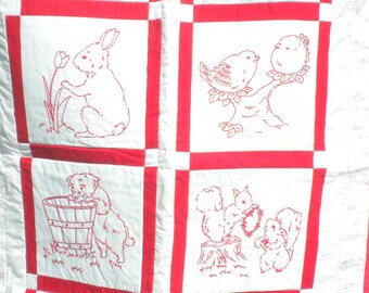 Sunbonnet Sue in Redwork Baby Quilt/ Toddler Blanket Hand Embroidered ...