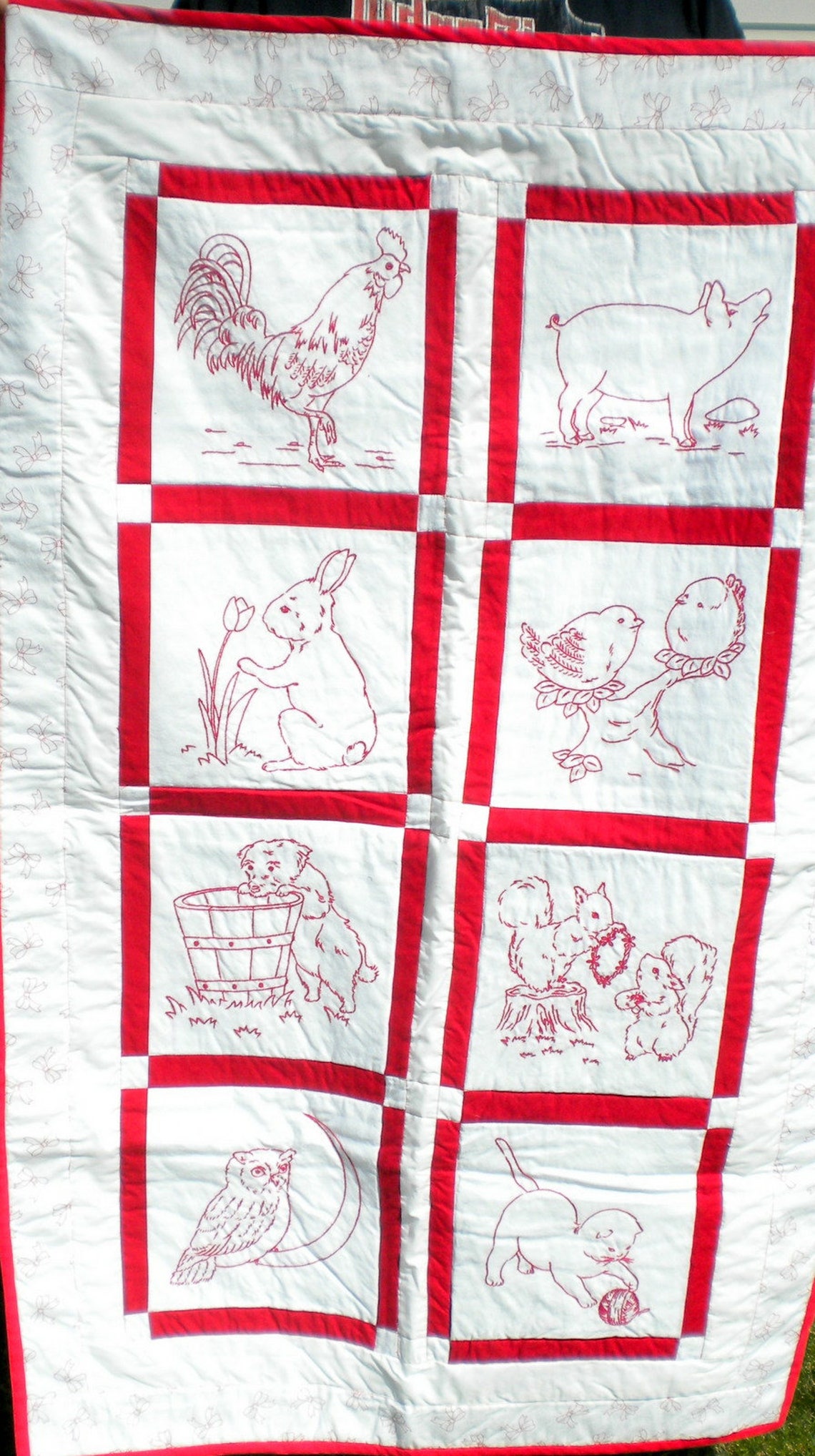 Animals in Redwork Baby Quilt/ Toddler Blanket Hand Embroidered Machine ...
