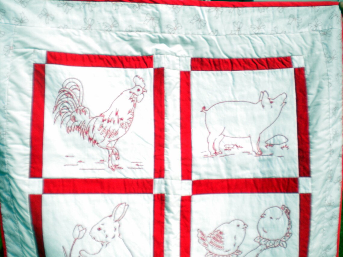 Animals in Redwork Baby Quilt/ Toddler Blanket Hand Embroidered Machine ...