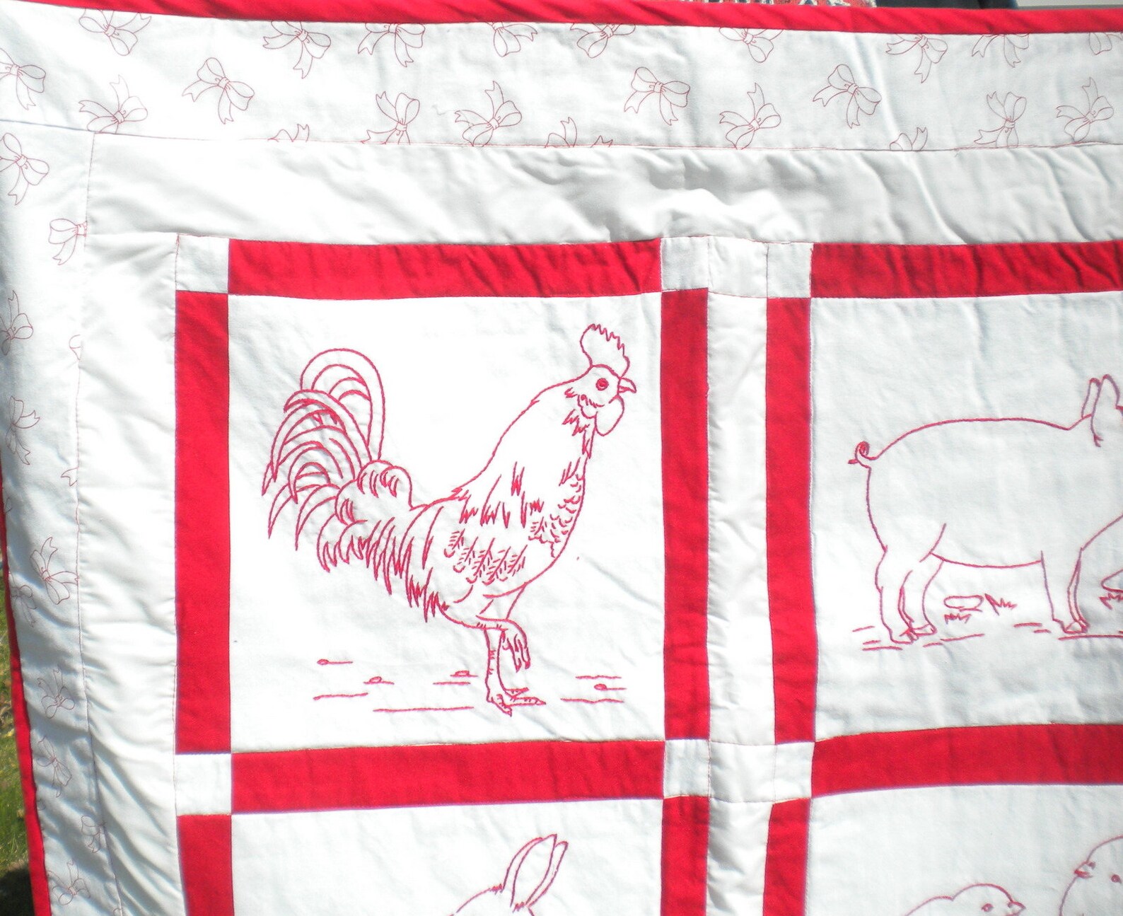Animals in Redwork Baby Quilt/ Toddler Blanket Hand Embroidered Machine ...