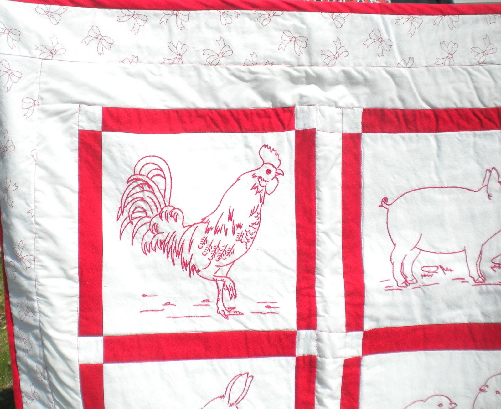 Animals in Redwork Baby Quilt/ Toddler Blanket Hand Embroidered Machine ...