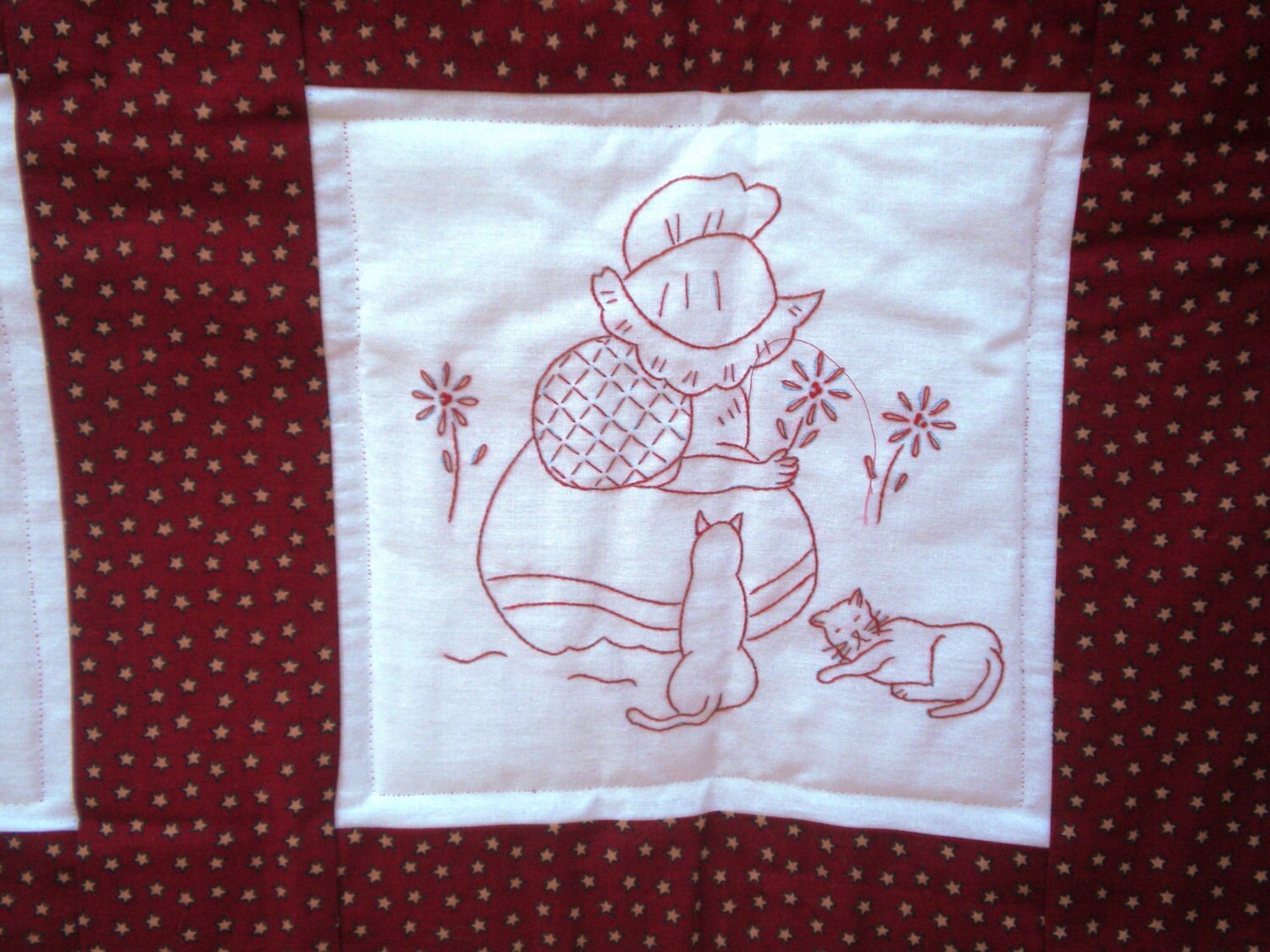 Sunbonnet Sue in Redwork Baby Quilt/ Toddler Blanket Hand Embroidered ...