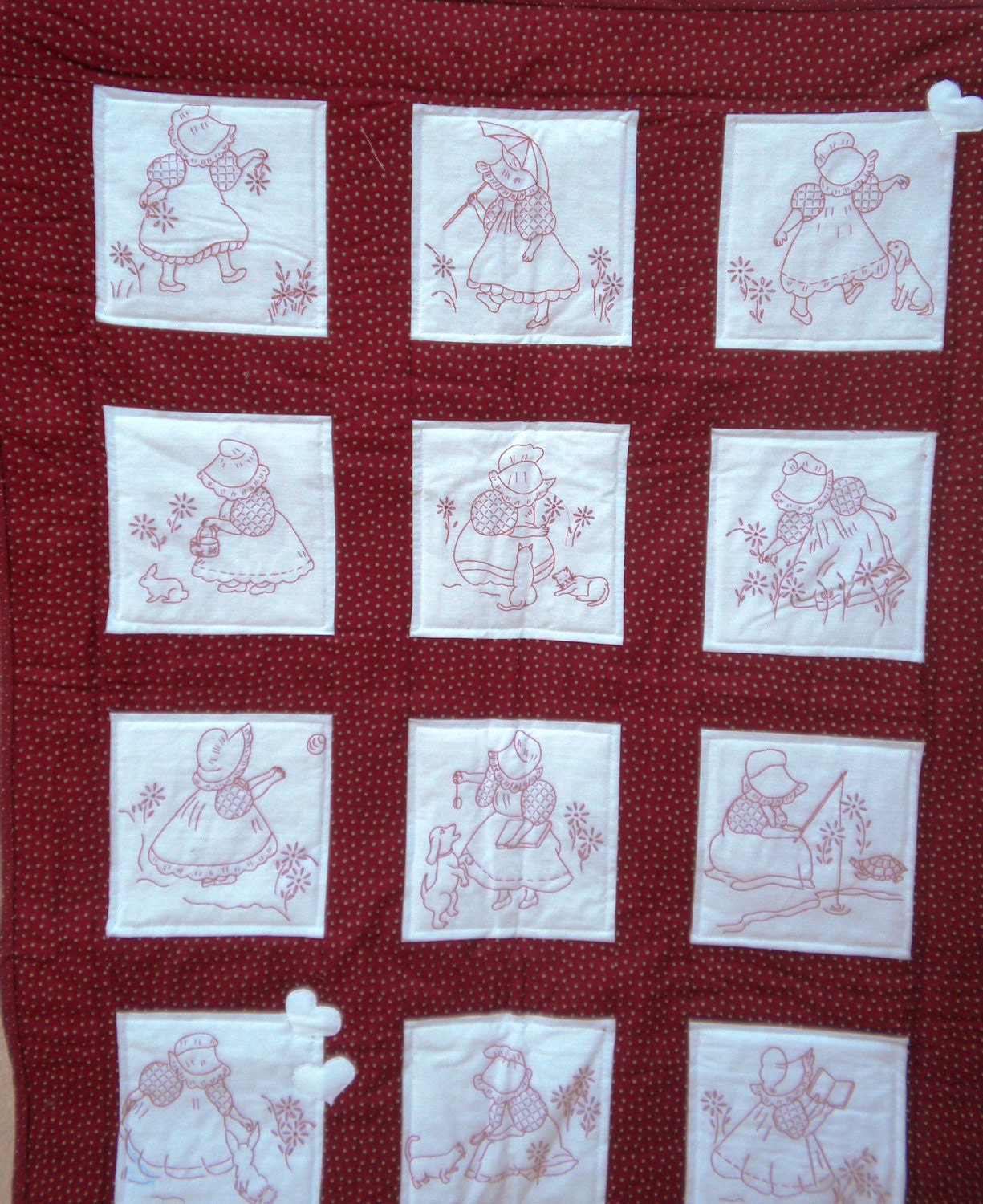 Sunbonnet Sue in Redwork Baby Quilt/ Toddler Blanket Hand Embroidered ...