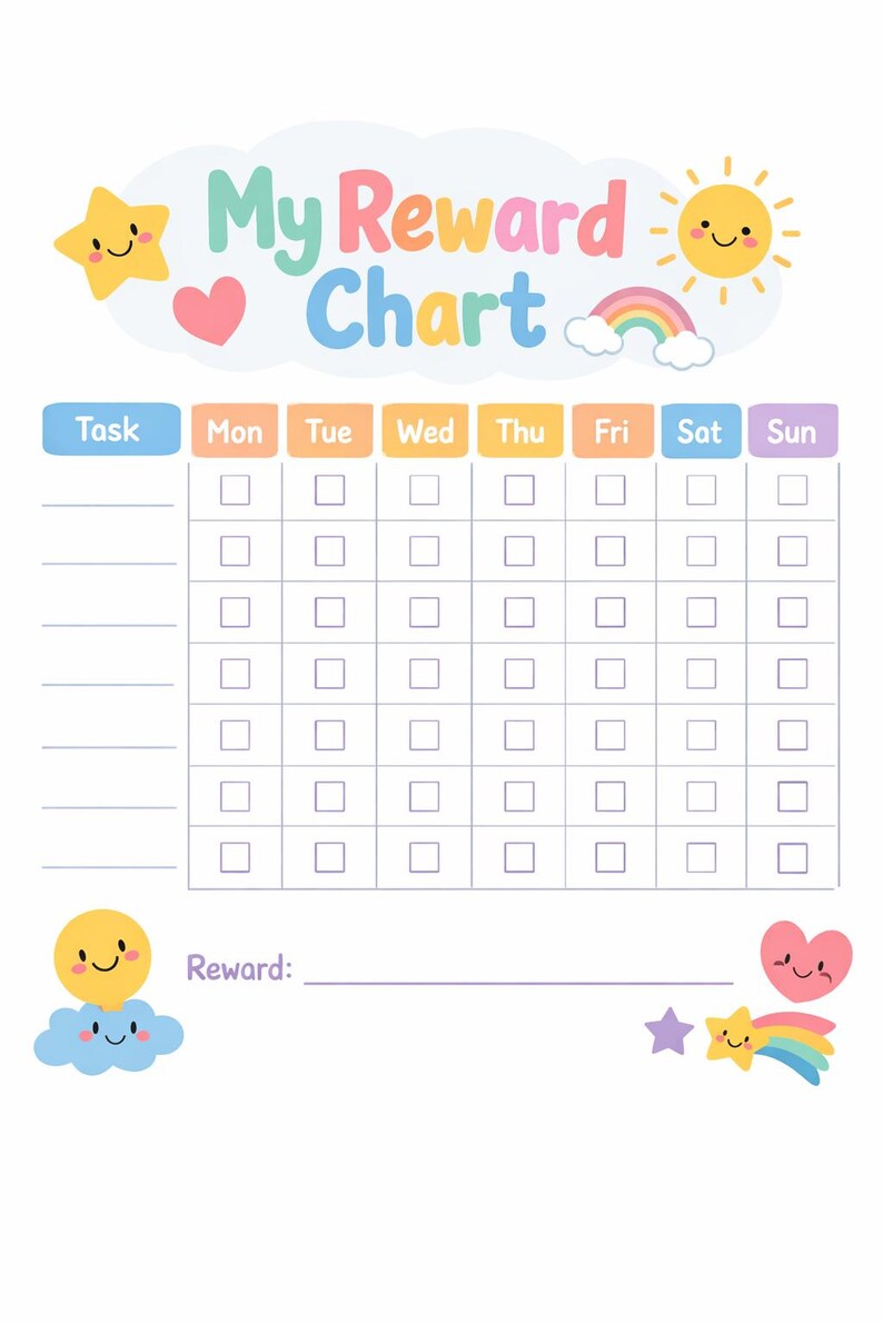 Kids Reward Chart Printable | Colorful Chore Chart for Kids | Weekly ...