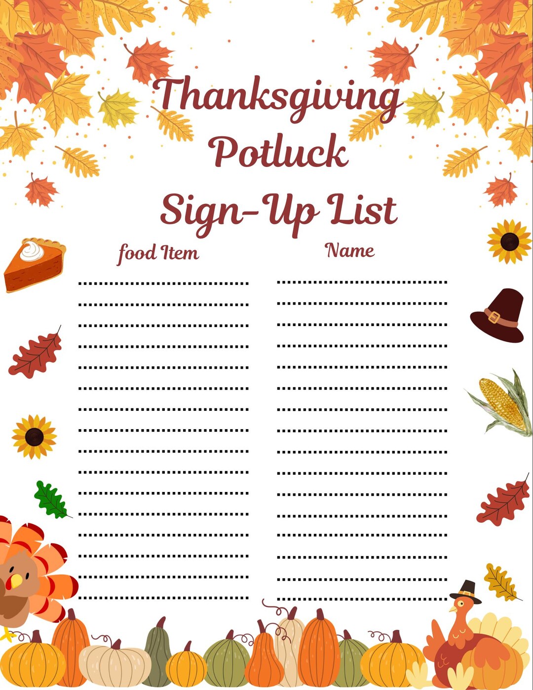 Thanksgiving Potluck Sign-up Sheet - Etsy