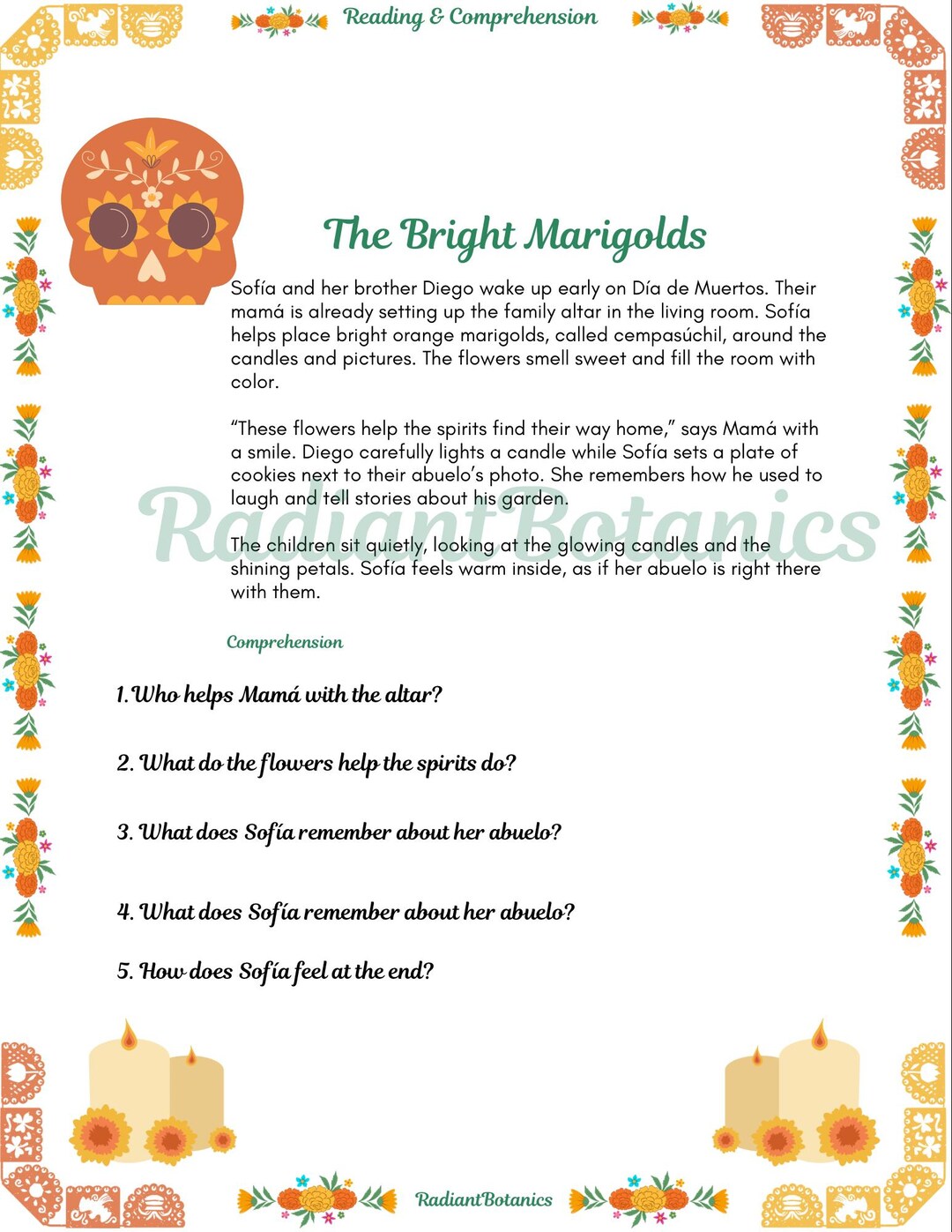 Bilingual Reading Comprehension Worksheets | Día De Muertos / Day of ...