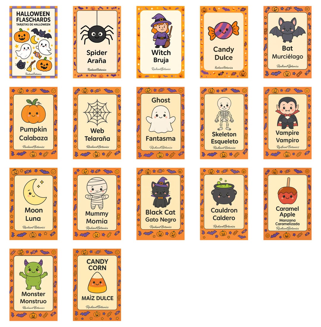 Halloween Bilingual Flashcards | English-spanish Vocabulary Cards - Etsy