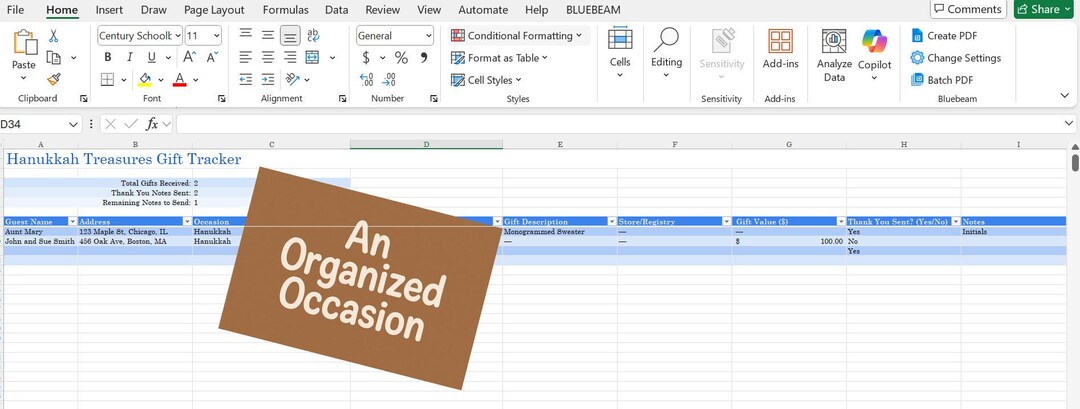Hanukkah Gift Tracker | Hanukkah Excel Spreadsheet | Thank You ...