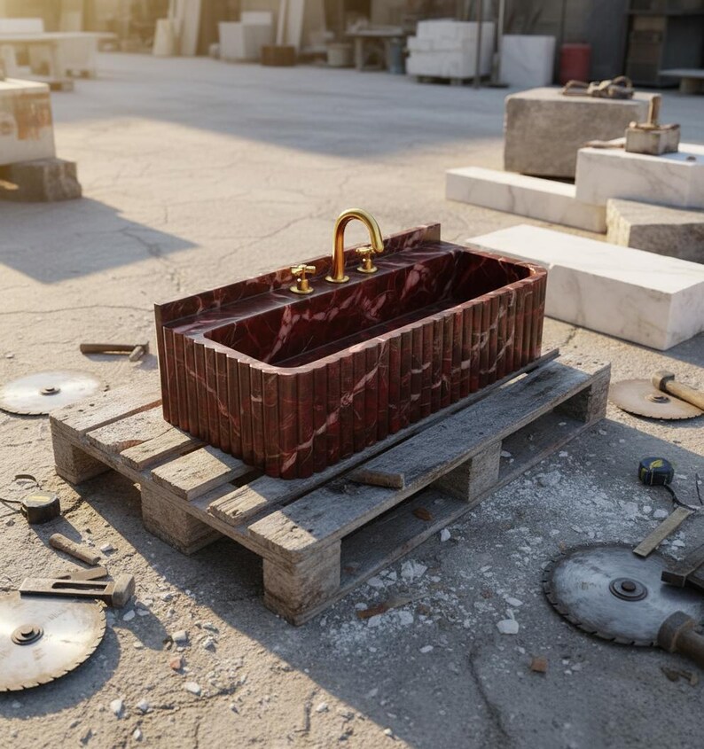 Rosso Levanto Marble Sink: Handcrafted Fluted Red Stone Basin - Etsy