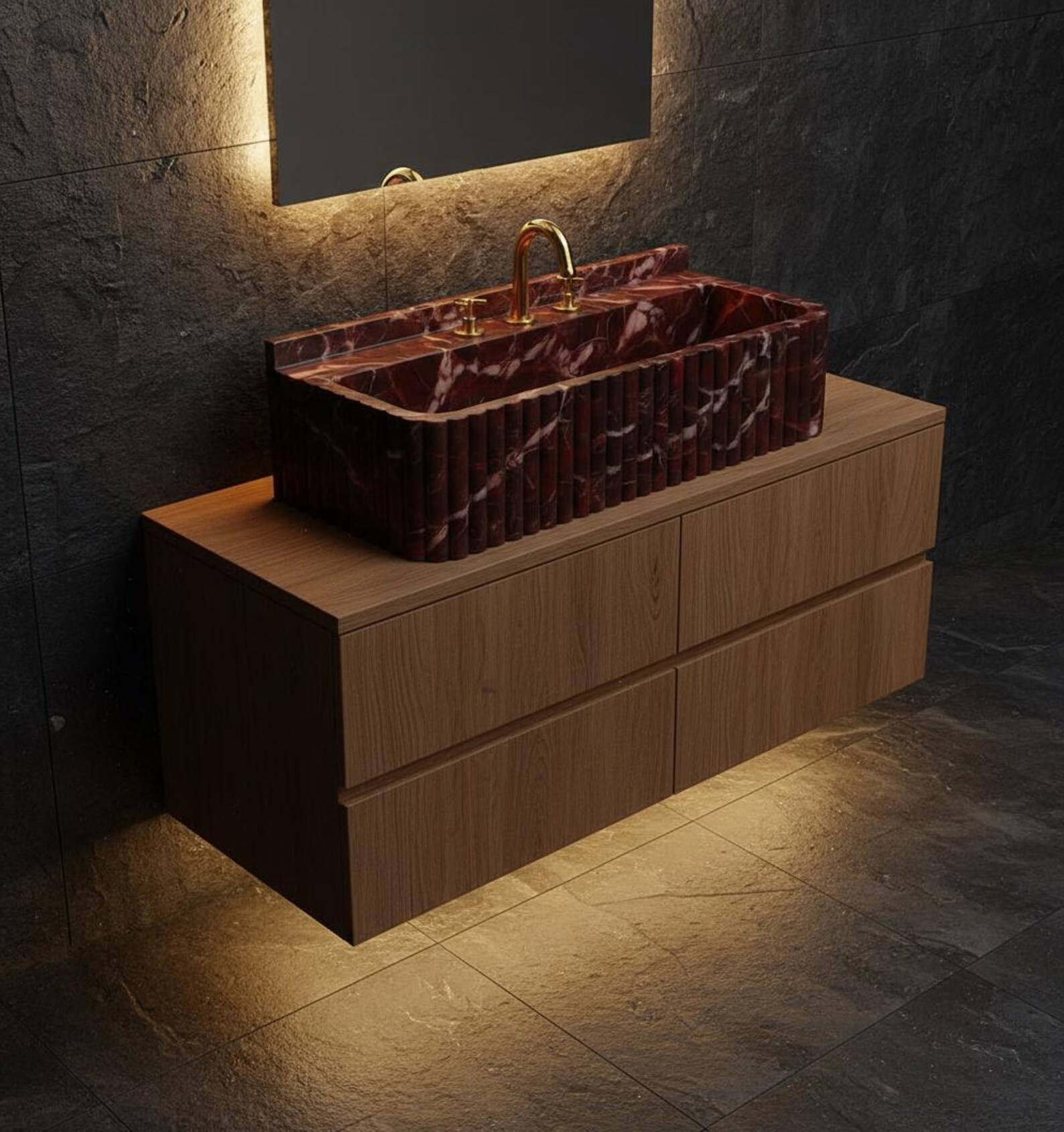 Rosso Levanto Marble Sink: Handcrafted Fluted Red Stone Basin - Etsy