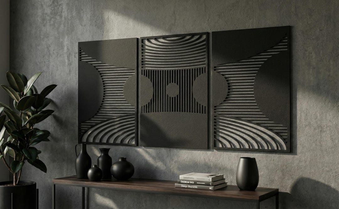 Modern Abstract Wall Art Set of 3 : Geometric Wood Panels for Living ...
