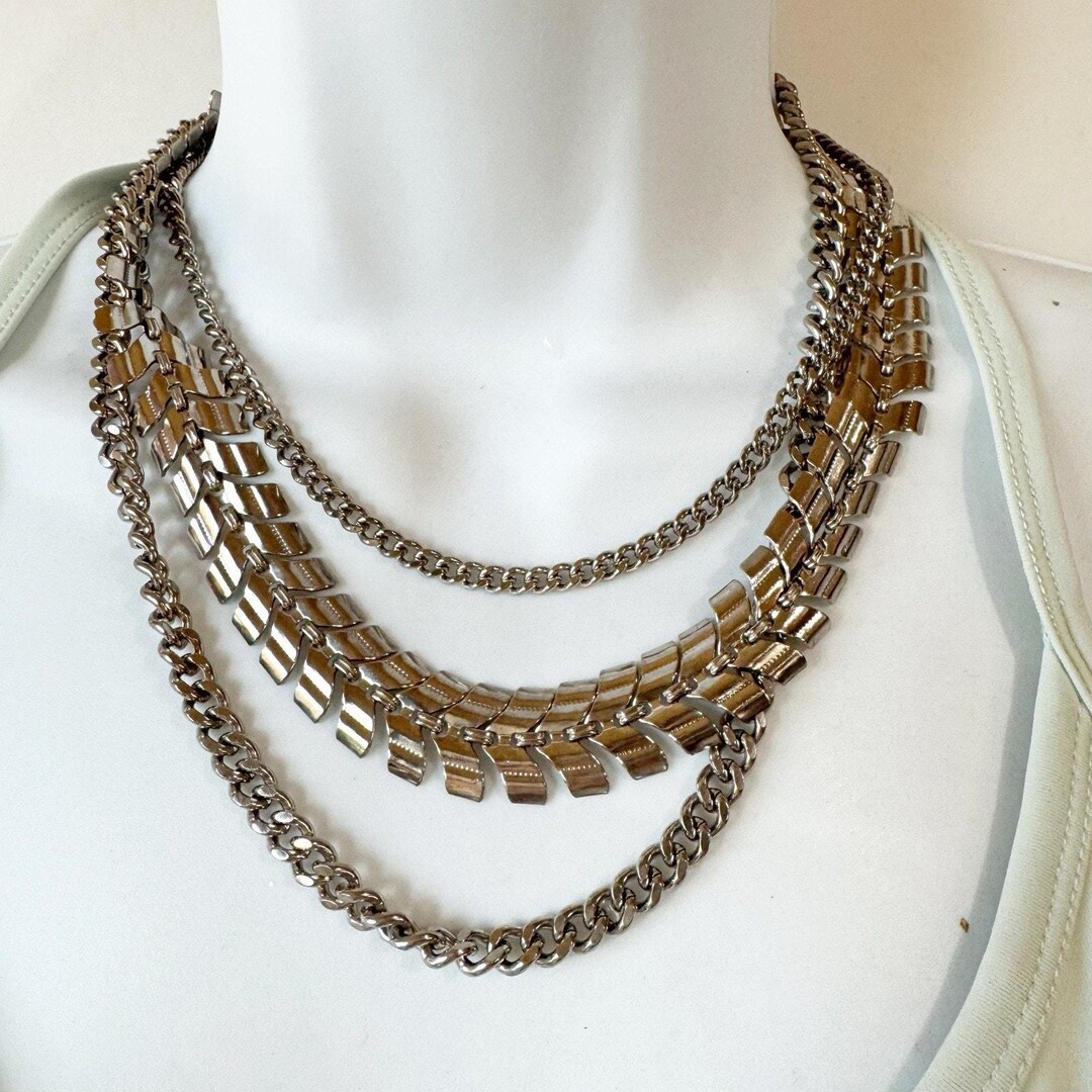Silver Tone Three Strand Chain Layered Necklace - Etsy