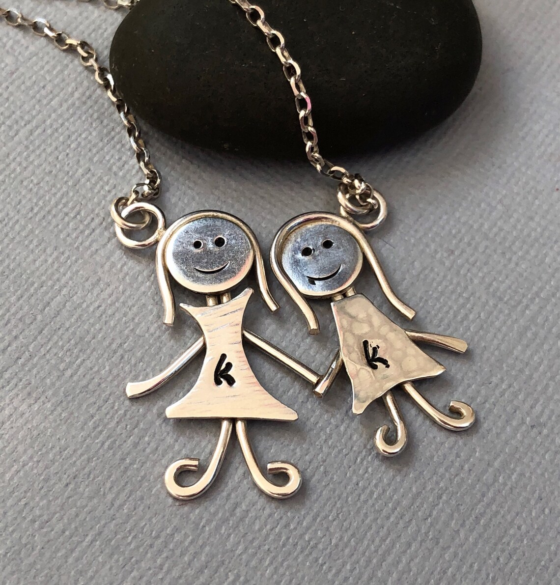 Gift for Mom silver necklace with kids Stick figure | Etsy