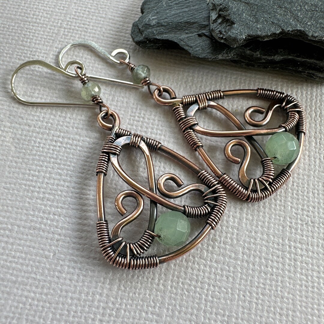 Wire Wrapped Copper Earrings With Green Aventurine Gemstones - Etsy