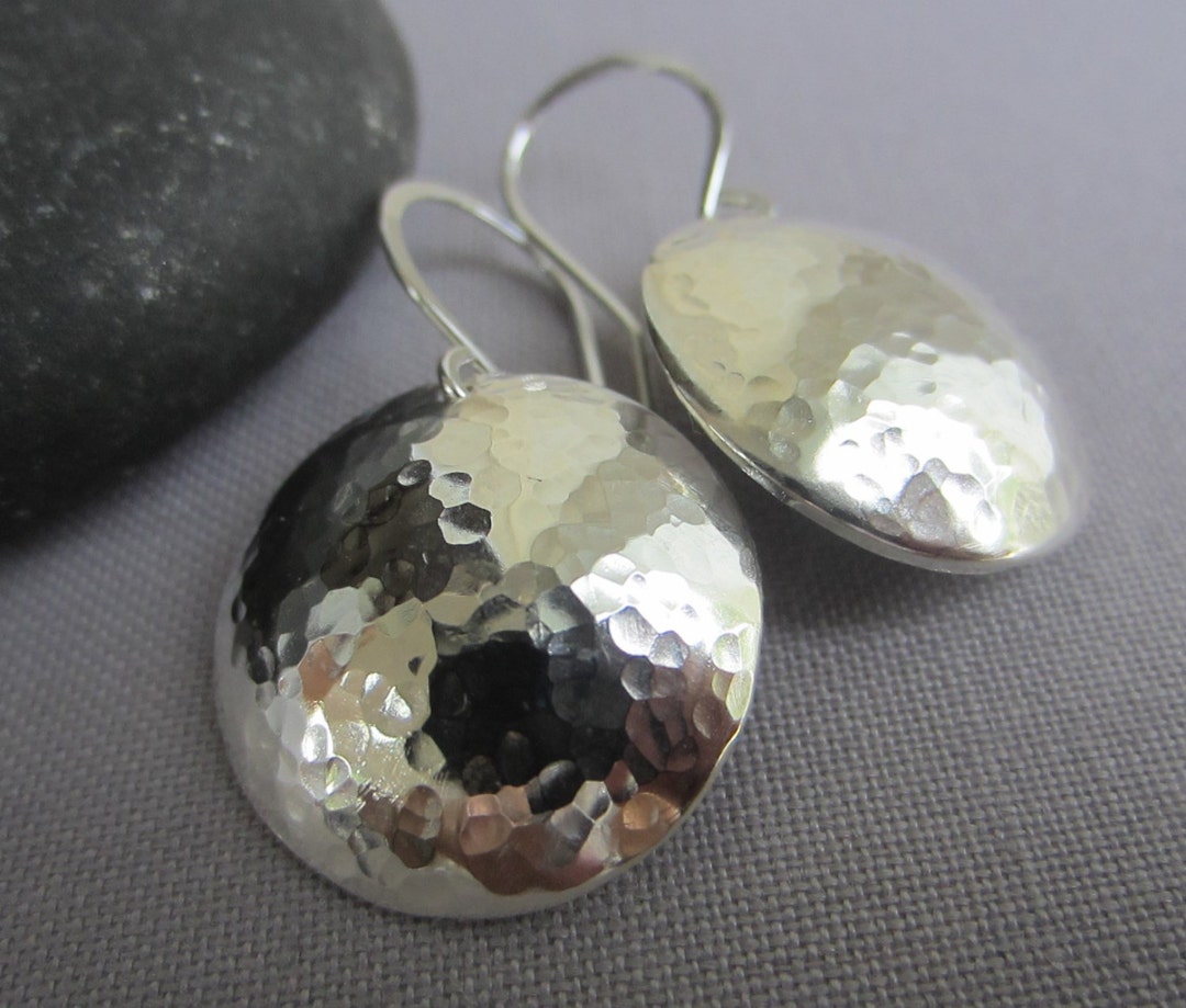Hammered Sterling Silver Domed Earrings: Texturized Dangle Jewelry - Etsy