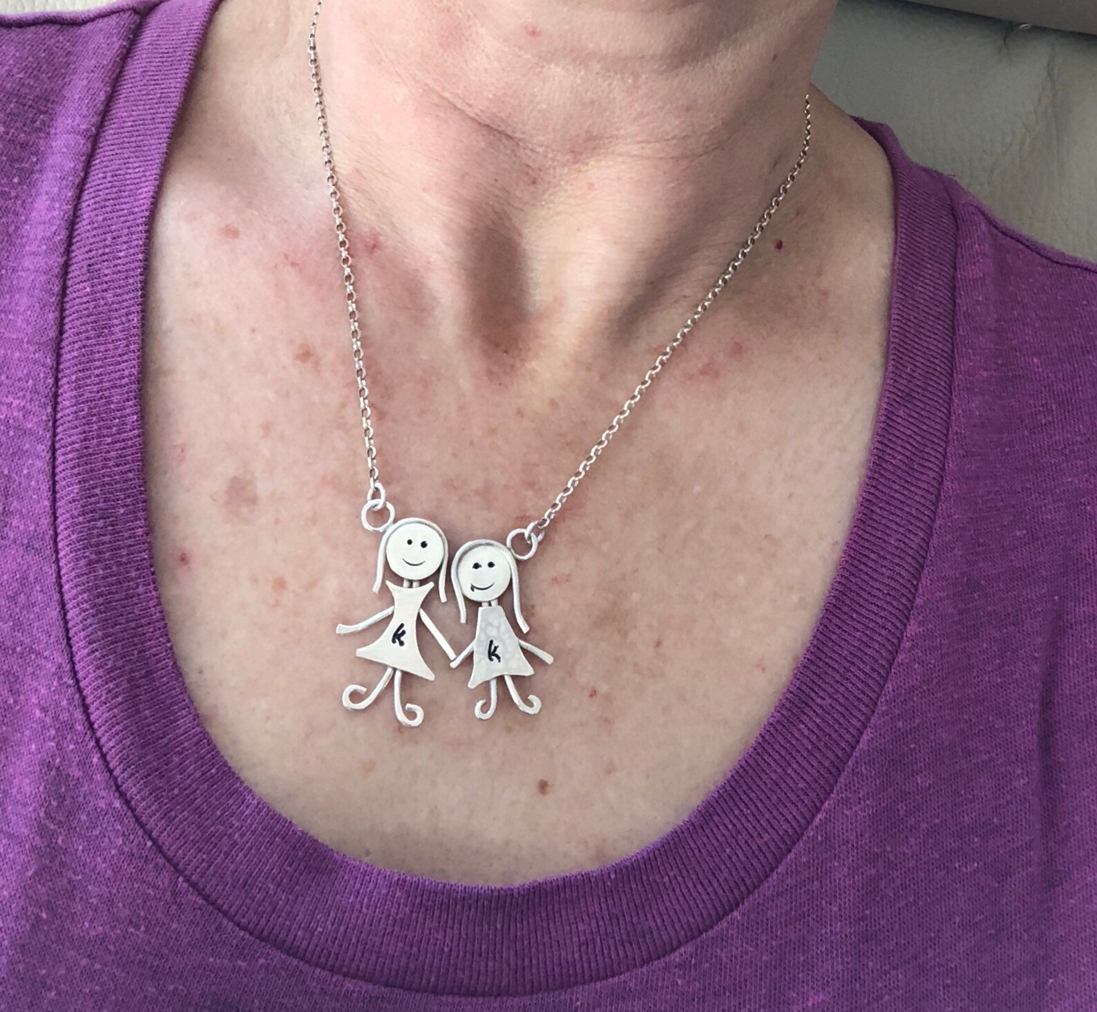 Gift for Mom silver necklace with kids Stick figure | Etsy