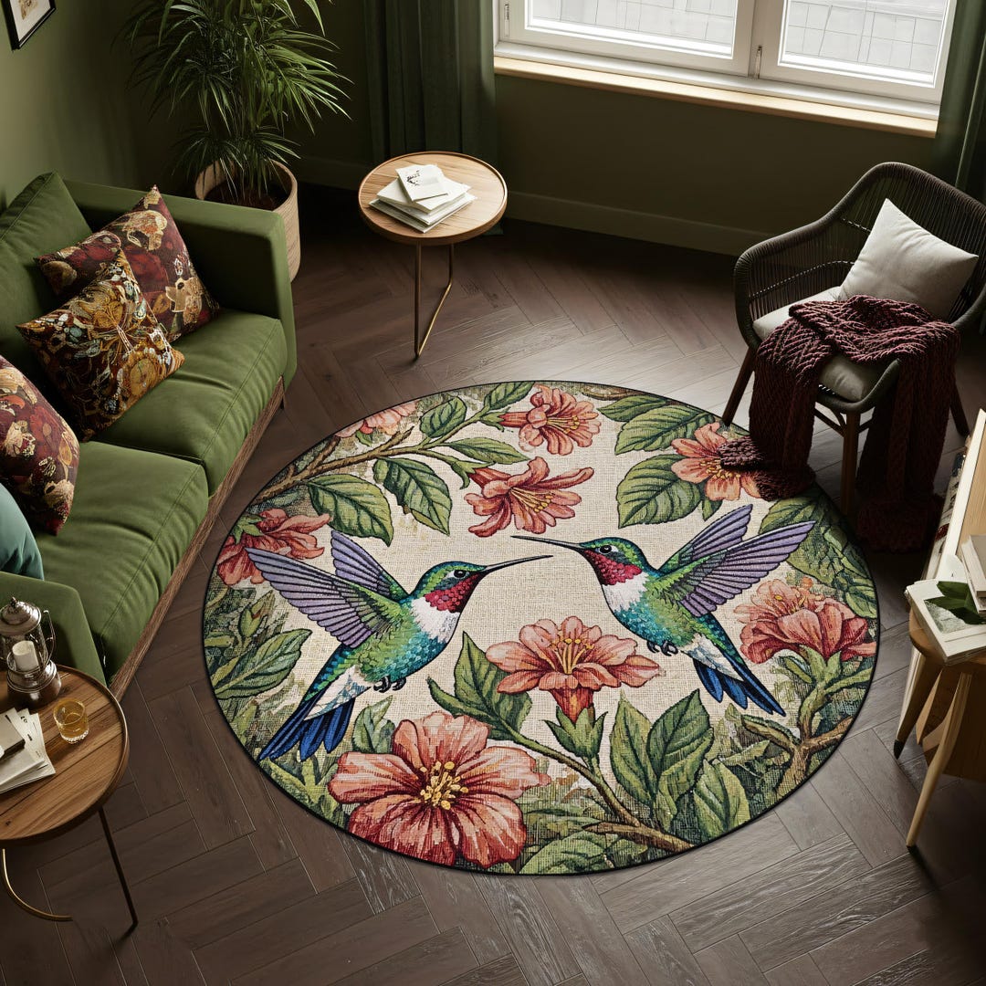 Round Hummingbird Rug – Colorful Floral Nature Inspired Carpet ...