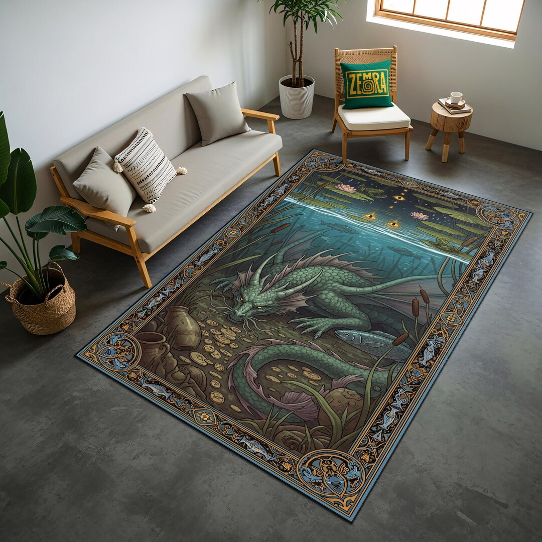 Fantasy Dragon Rug With Underwater Treasure Scene – Gothic Mythical ...