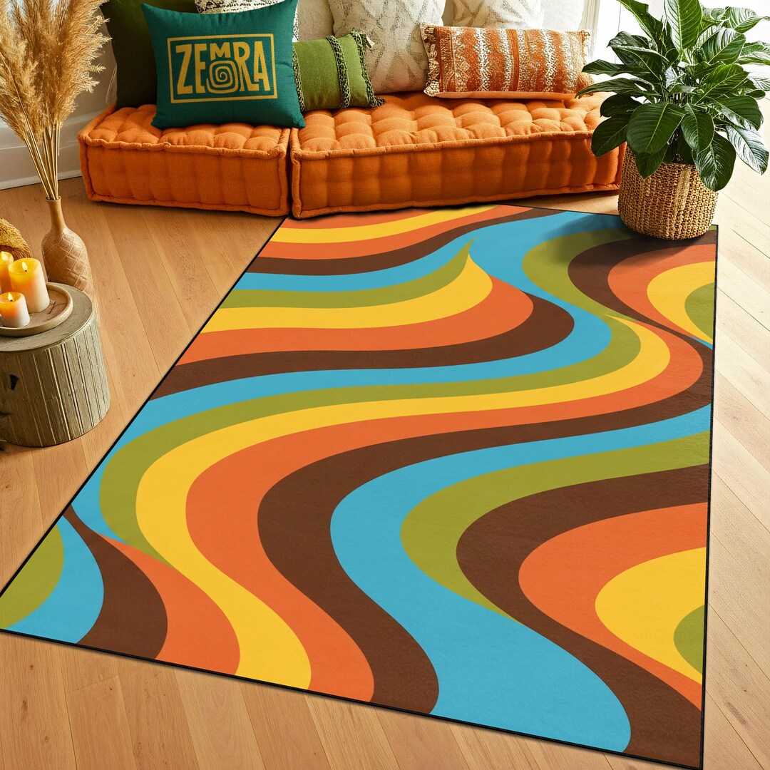 Retro 70s Wave Pattern Rug, Groovy Boho Area Carpet Funky Psychedelic ...