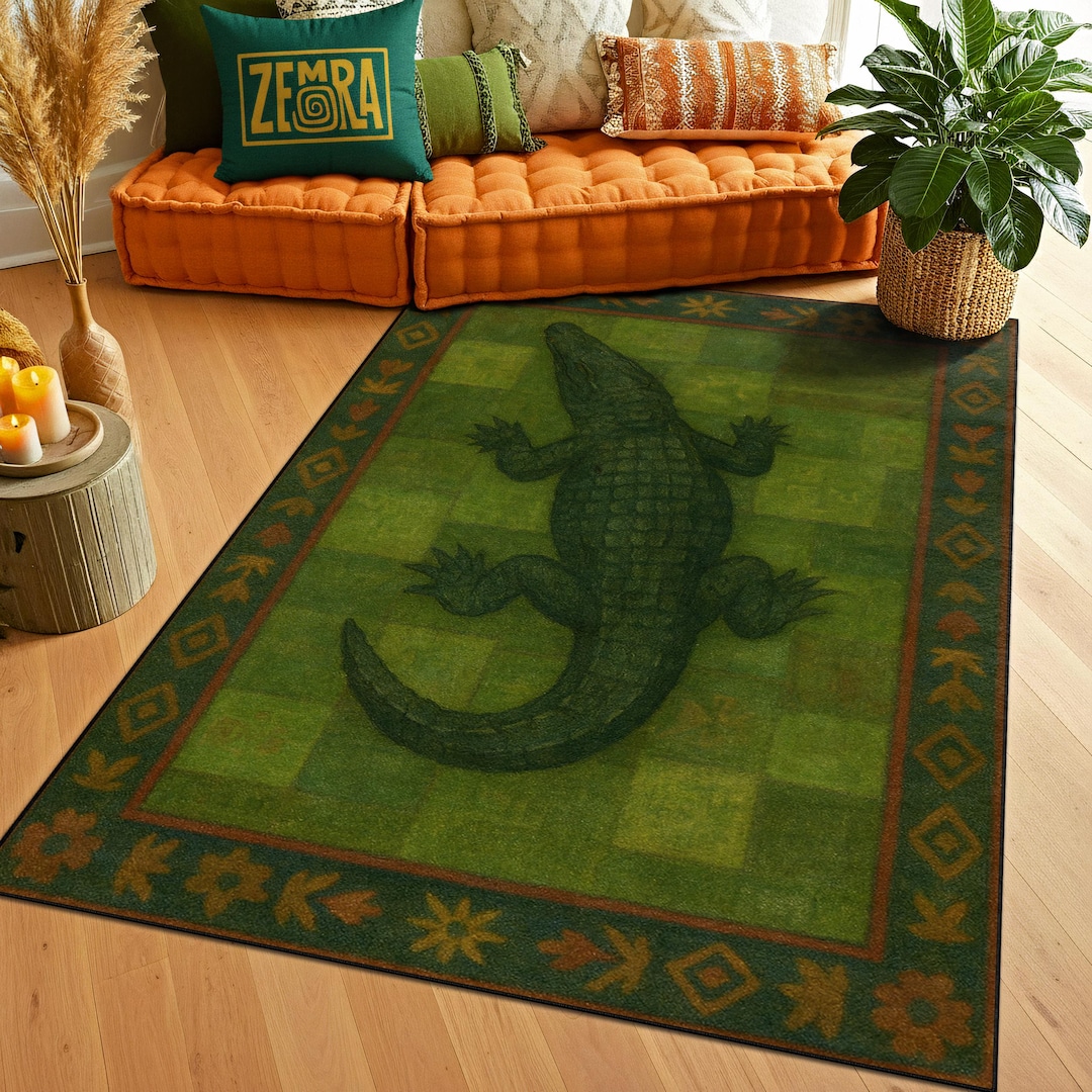 Green Alligator Rug With Botanical Border, Jungle Inspired, Nature ...