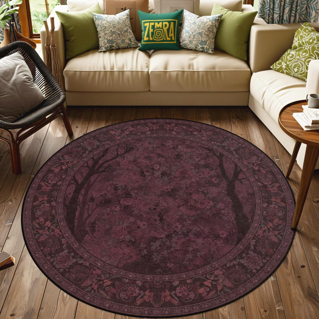 Plum Botanical Round Rug, Dark Purple Floral Accent Carpet, Vintage ...
