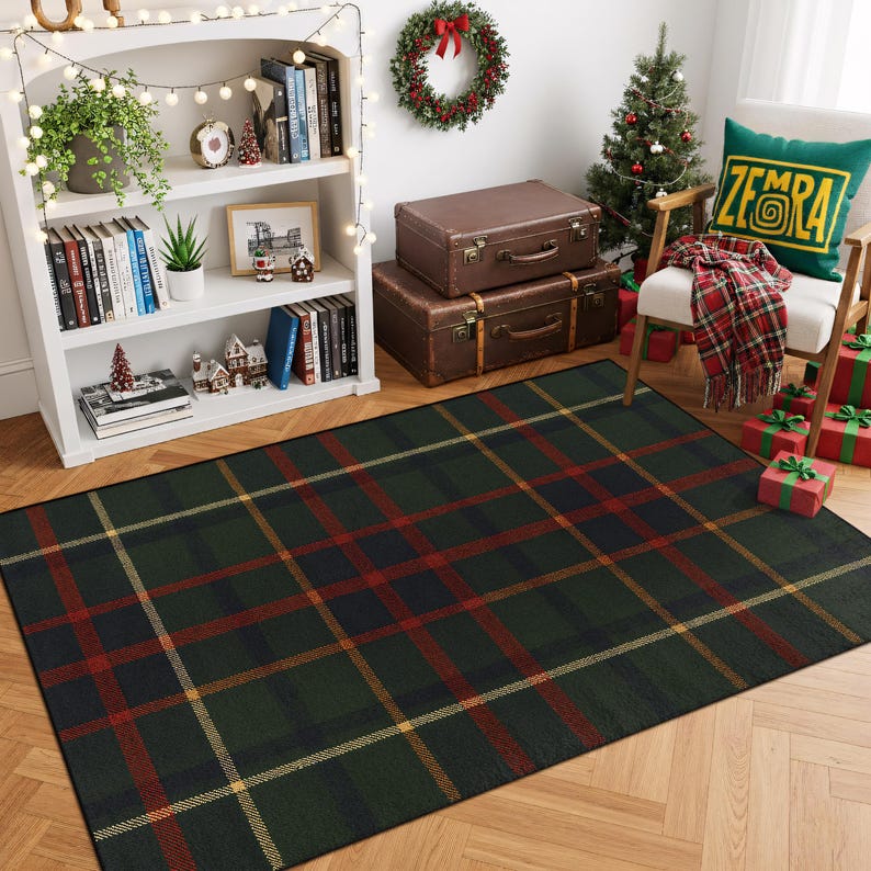 Tartan Rug, Green Red Plaid Christmas Carpet, Cozy Cabin Lodge Decor ...