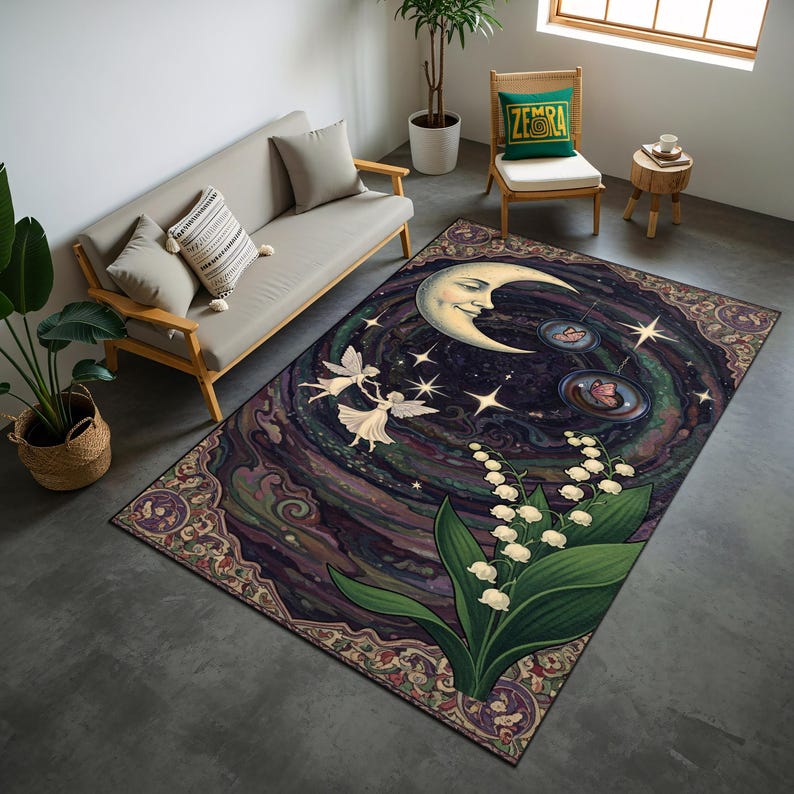 Art Nouveau Moon Fairy Rug – Vintage Celestial Carpet With Fairies ...
