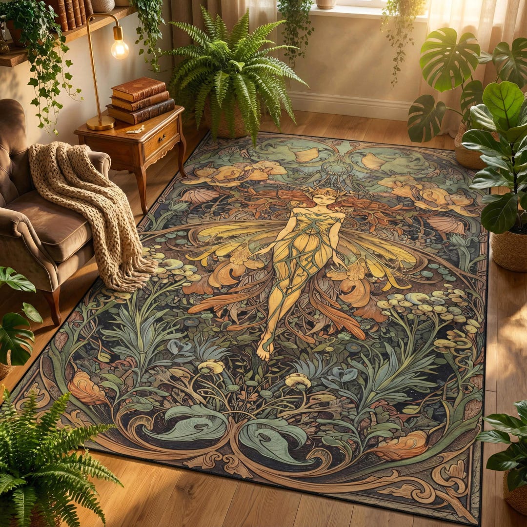 Fairy Art Nouveau Rug, Botanical Forest Carpet, Enchanted Boho Nature ...