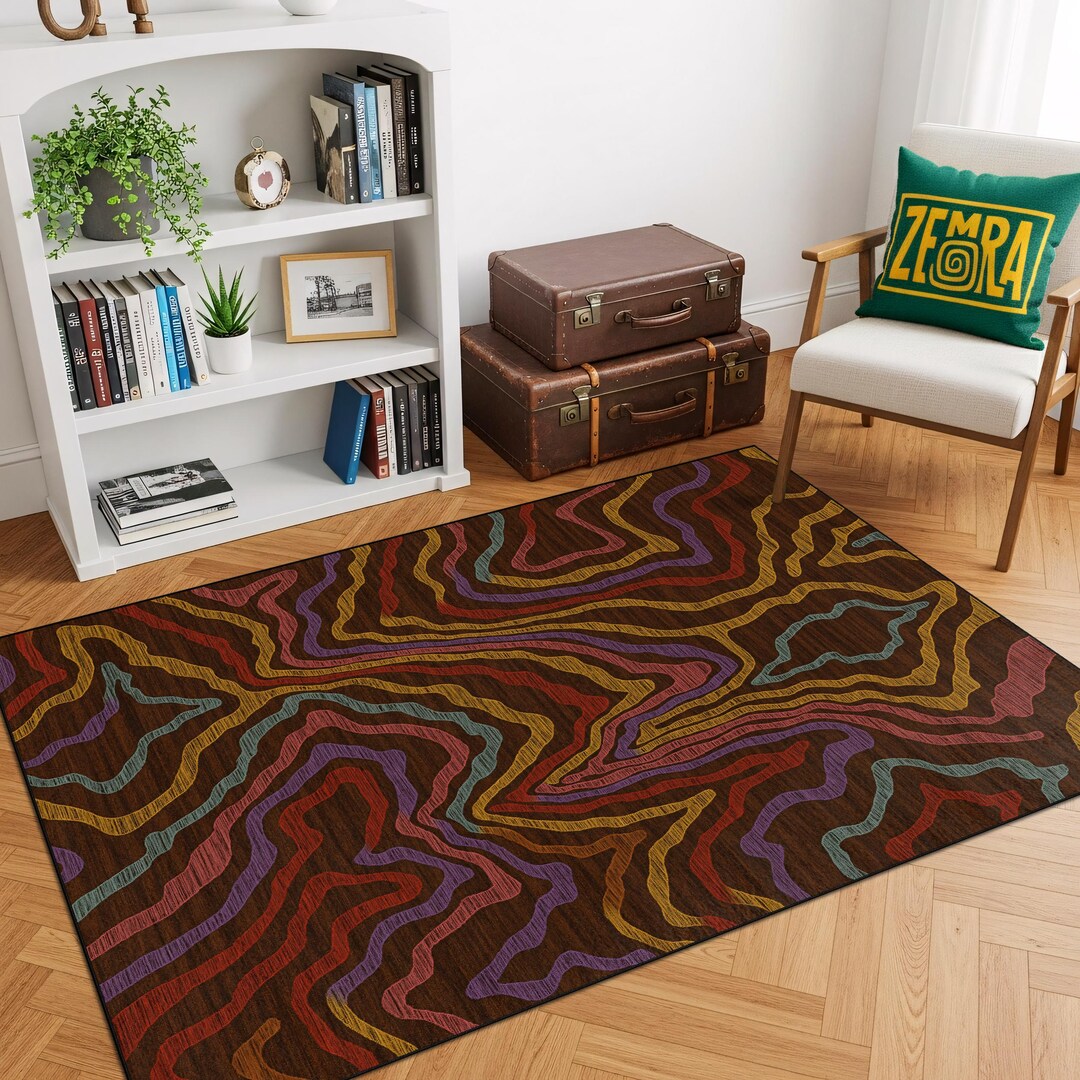 Abstract Earth Tone Rug, Modern Boho Line Art Carpet, Brown Red Area ...
