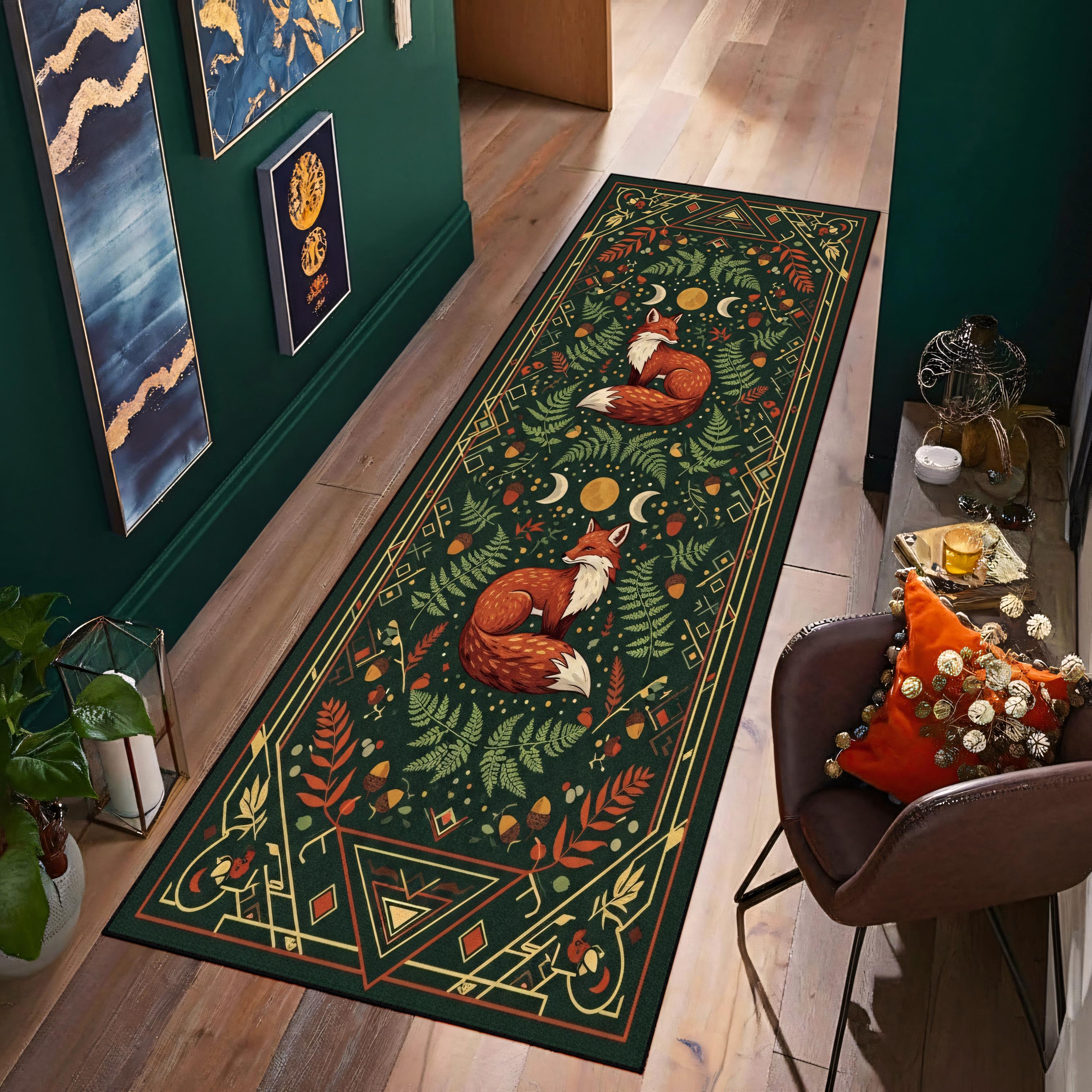 Boho Fox Runner Rug With Woodland Forest Art and Green Botanical ...