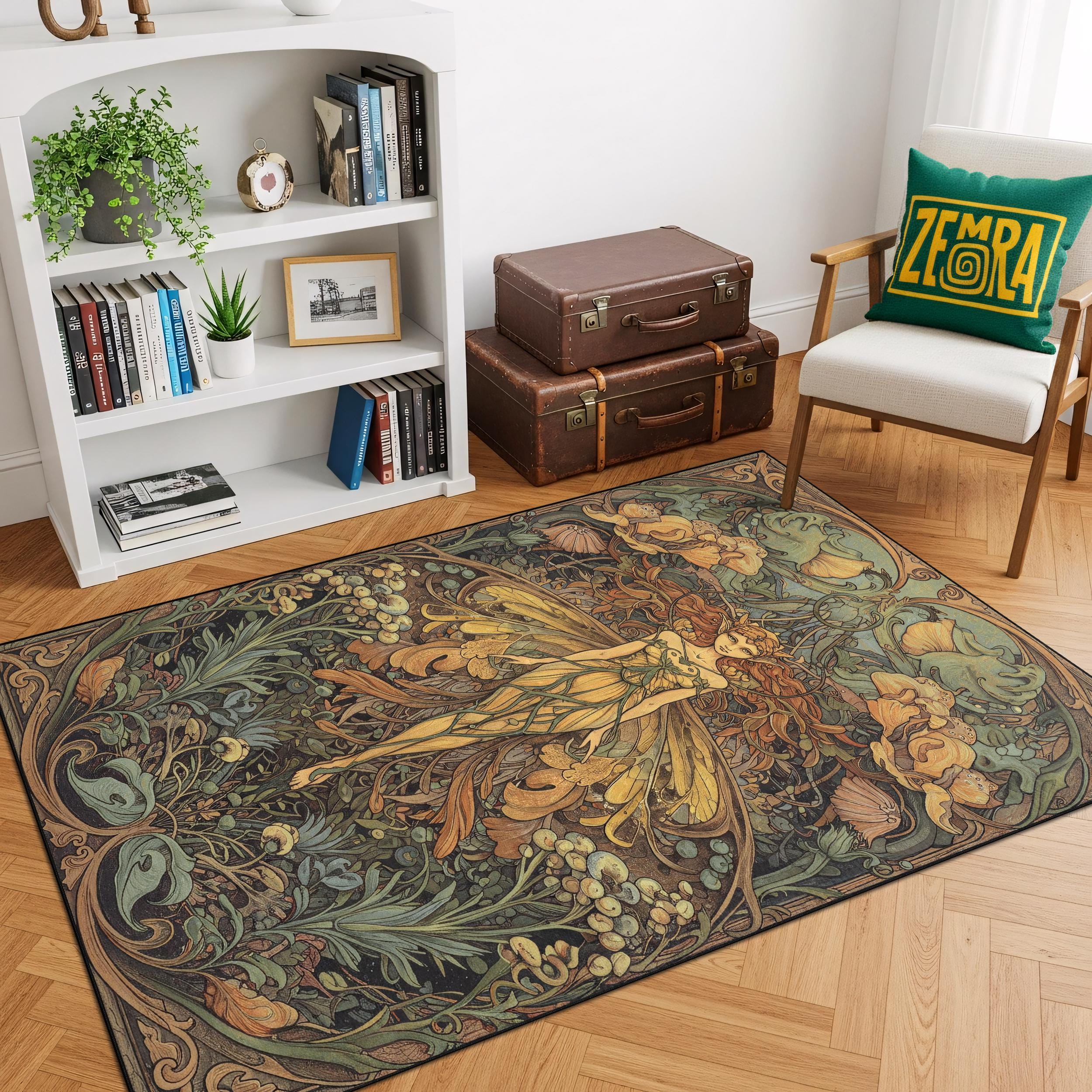 Fairy Art Nouveau Rug, Botanical Forest Carpet, Enchanted Boho Nature ...